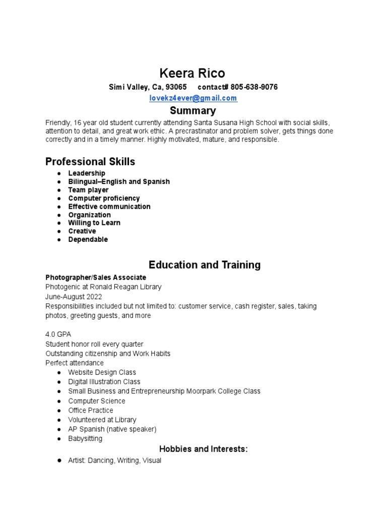 Keera Rico: Simi Valley, Ca, 93065 Contact# 805-638-9076 | PDF