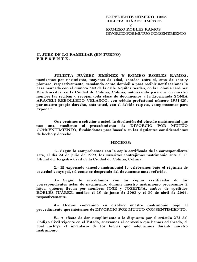 Demanda Divorcio Por Mutuo Consentimiento | PDF | Divorcio | Matrimonio