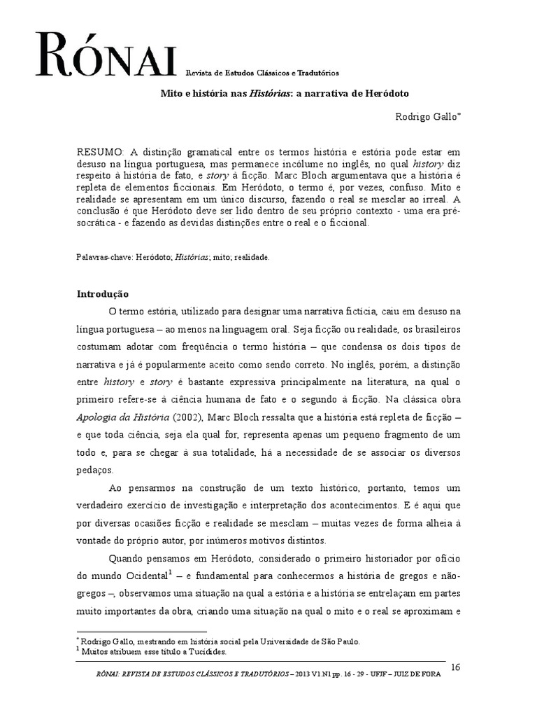 Texto 7-GALLO, Rodrigo - Mito e História Nas Histórias-A Narrativa de Heródoto PDF | PDF ...