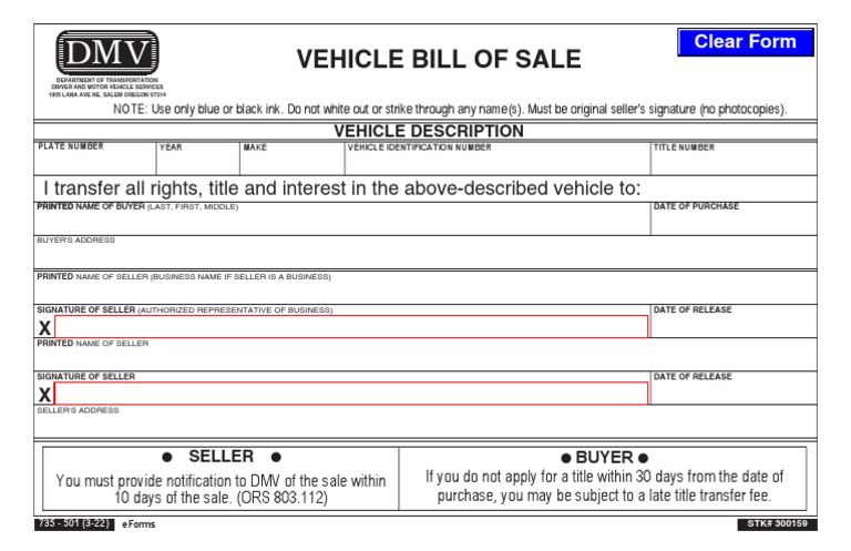 Oregon DMV Bill of Sale Form 735 501 PDF | PDF