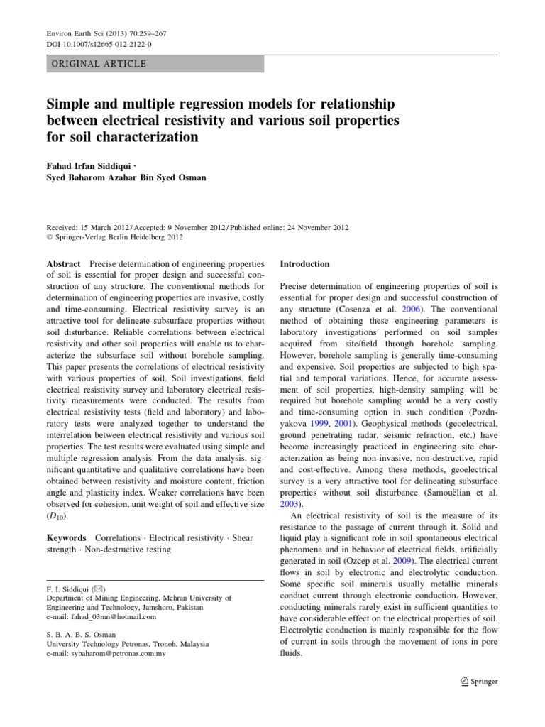 Simple and Multiple Regression Models For Relationship Between Electrical Resistivity and ...