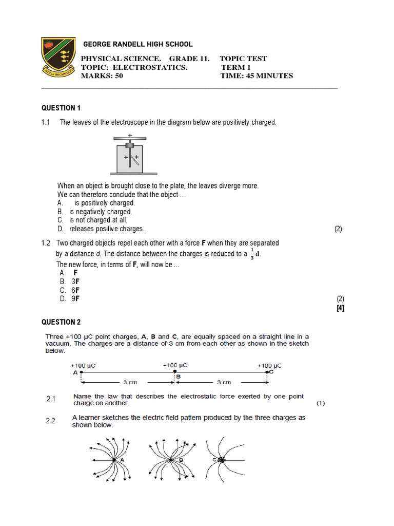 Grade 11 Electrostatics Test | PDF
