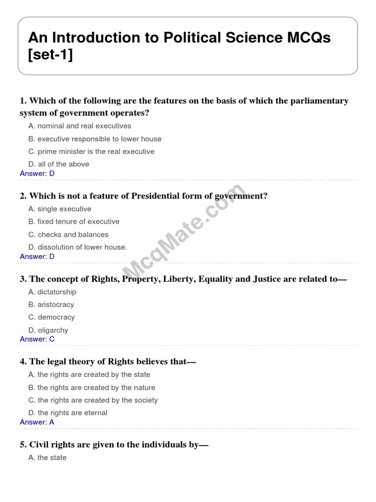 An Introduction To Political Science Solved MCQs (Set-1) PDF | PDF ... An Introduction To Political Science Solved MCQs (Set-1) PDF | PDF ...