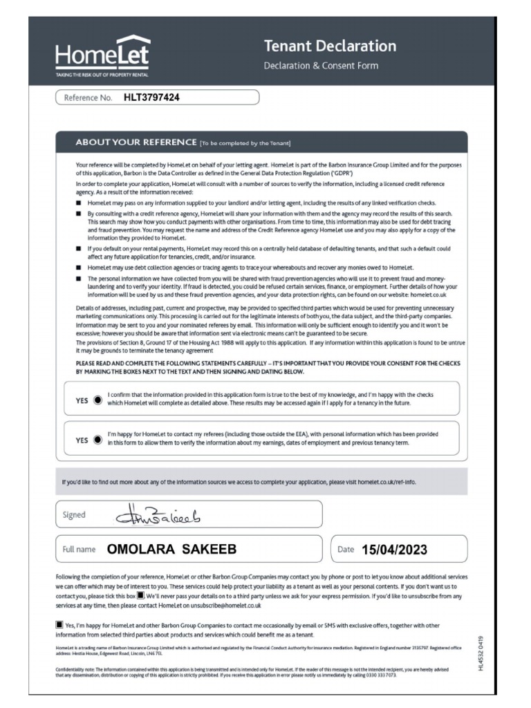 OMOLARA SAKEEB Tenant Declaration Form PDF | PDF