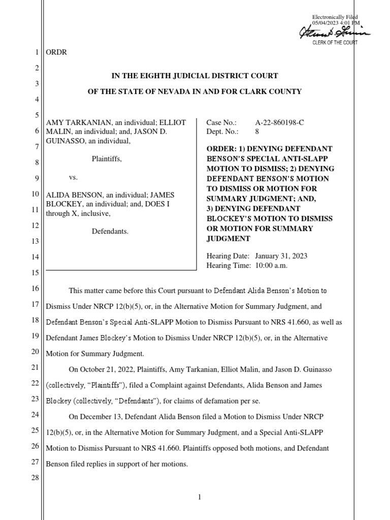 Order | PDF | Defamation | Summary Judgment
