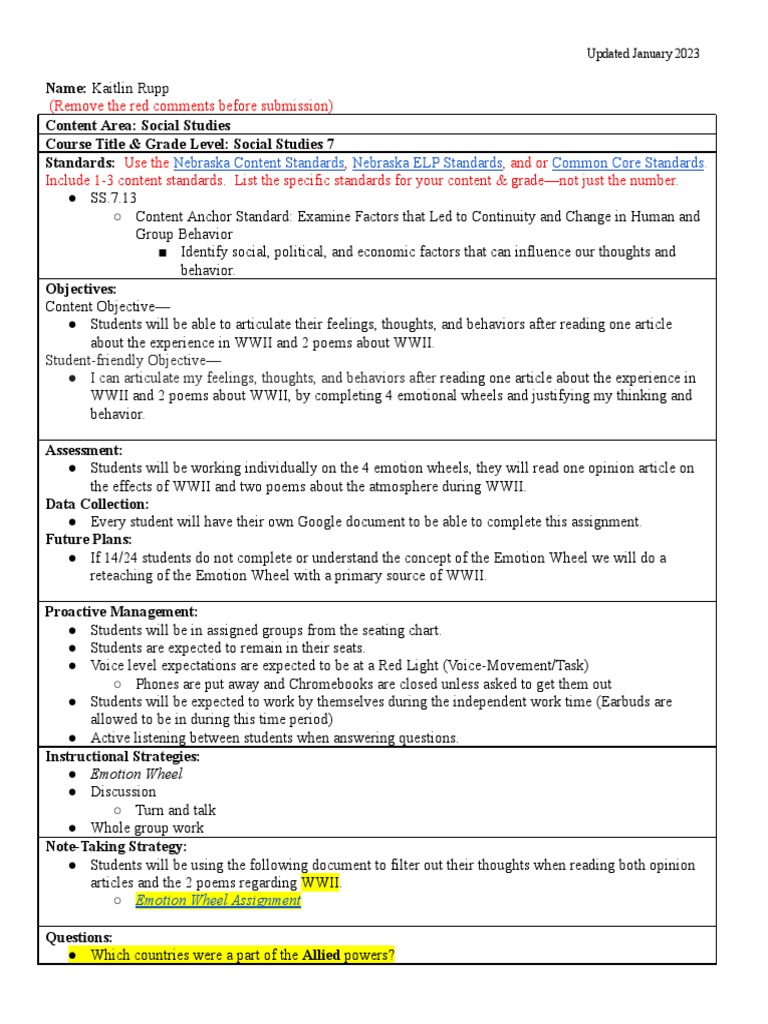 Secondary Lesson Plan-Emotion Wheel | PDF | Emotions | Thought