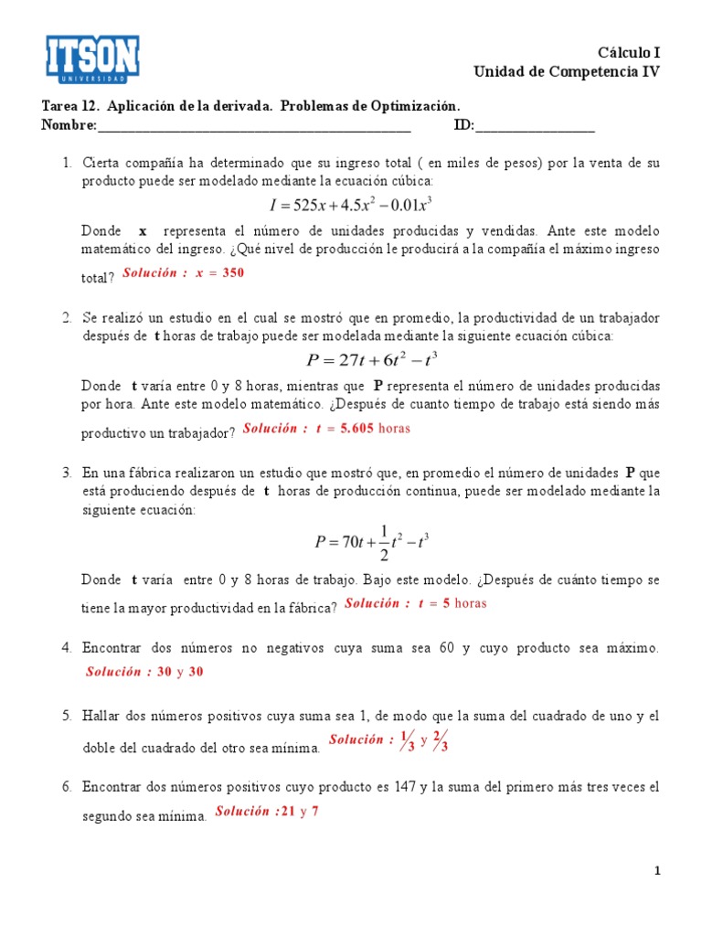 Tarea 12. Aplicacion de La Derivada (PROBLEMAS DE OPTIMIZACIÓN) | PDF | Optimización Matemática