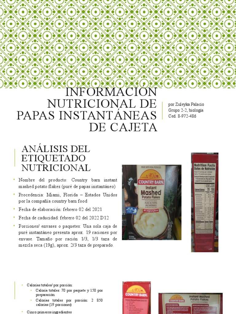 información nutricional de papas instantáneas de cajeta | PDF