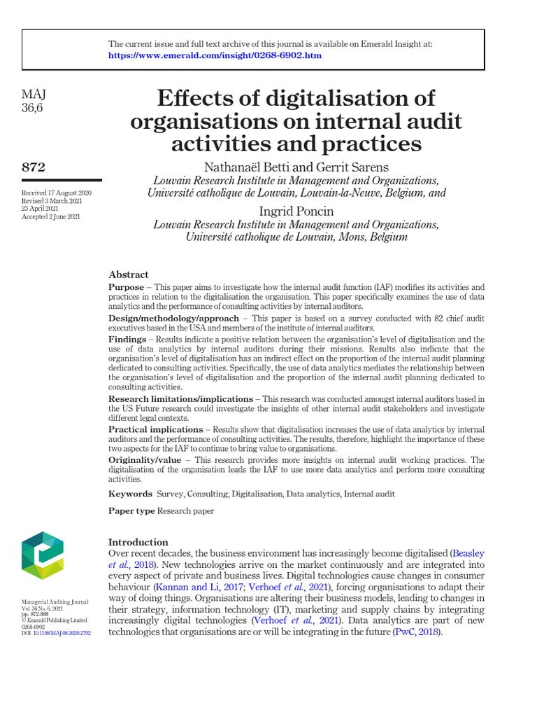Effects of Digitalisation of Organisations On Internal Audit Activities ...