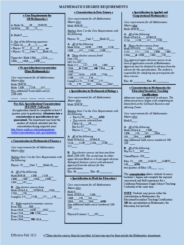 UCI Mathematics Degree Requirements | PDF