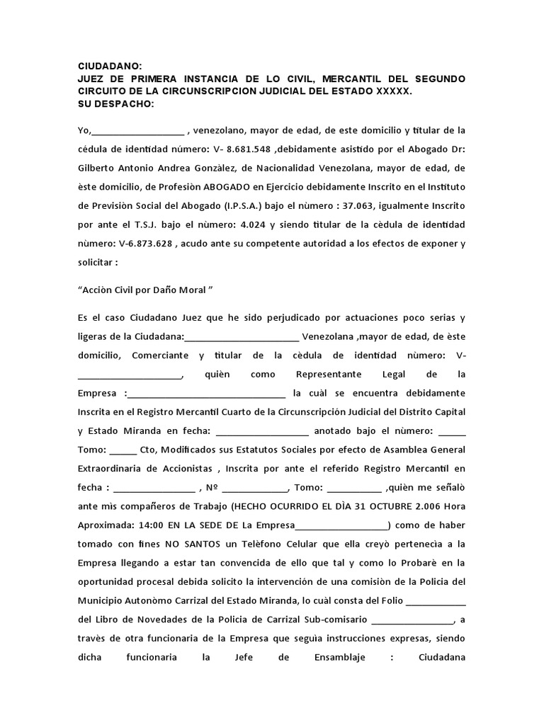 Modelo de Demanda Civil Solicitando Indemnización Por Daño Moral | PDF