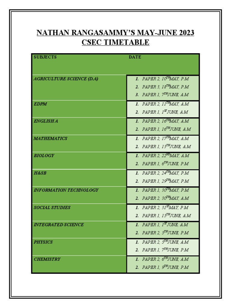 Nathan Rangasammy's Csec Timetable 2023 | PDF