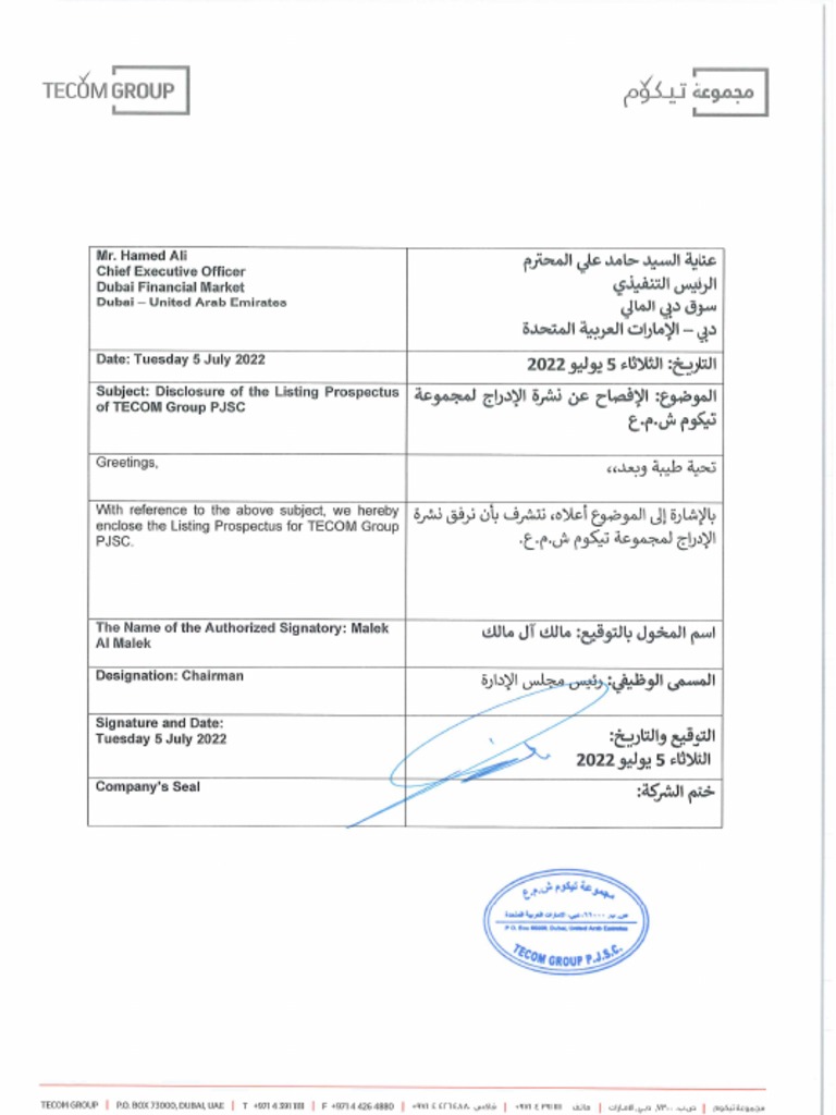 TECOM - Listing Prospectus - E - 05 - 07 - 2022 PDF | PDF | Business