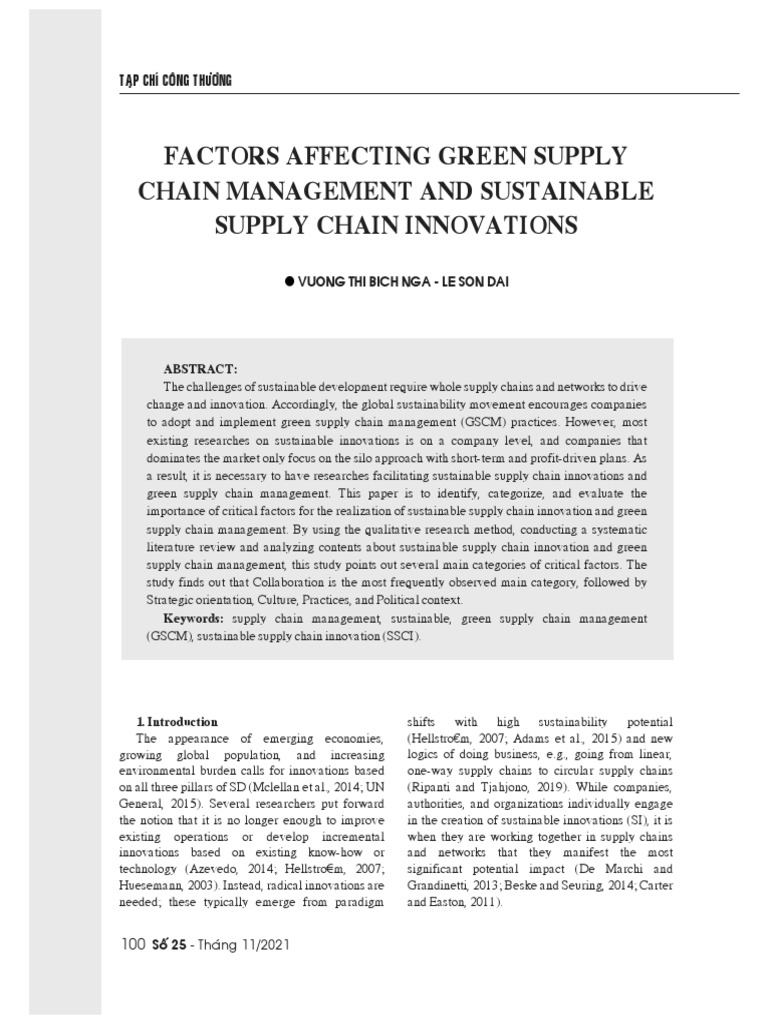 Factors Affecting Green Supply Chain Management and Sustainable Supply Chain Innovations PDF ...