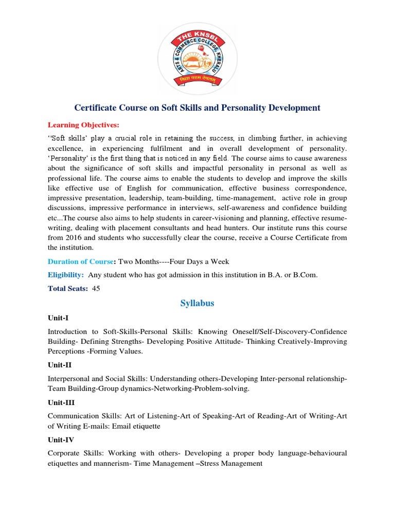 Certificate Course Onsoft Skill Personality Development | PDF