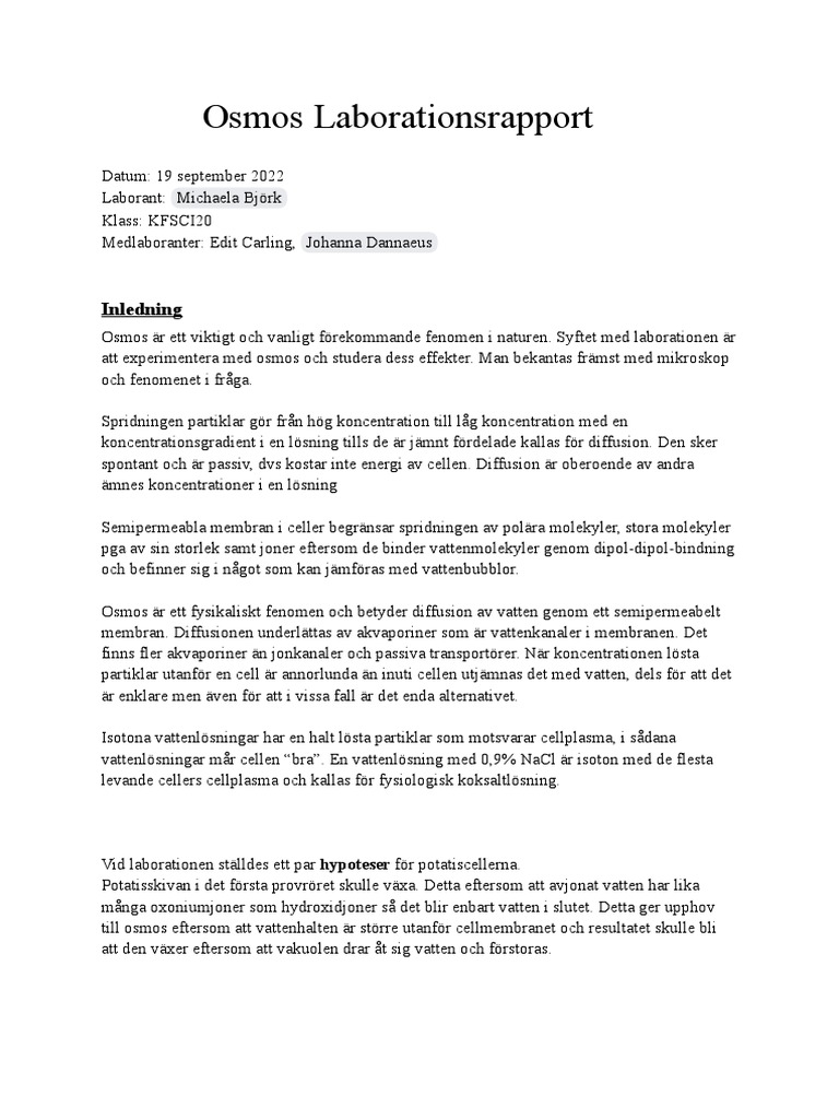 Osmos Labbrapport Michaela Björk Kfsci20 | PDF