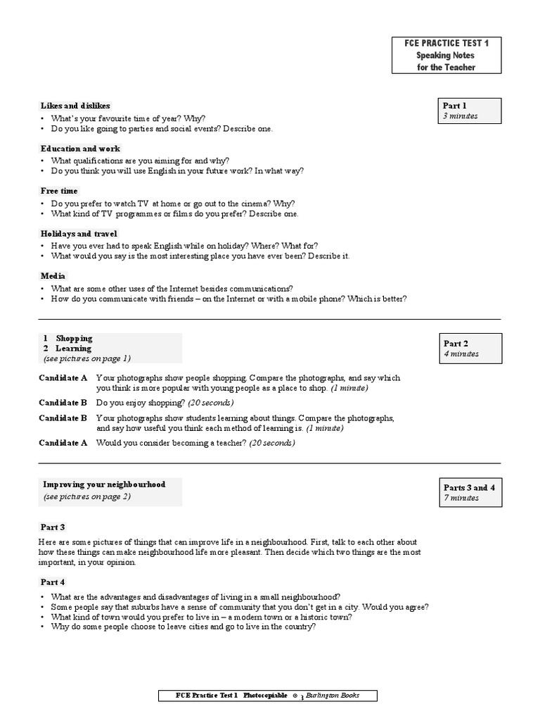 FCE Test 1 SpeakingNotes | PDF