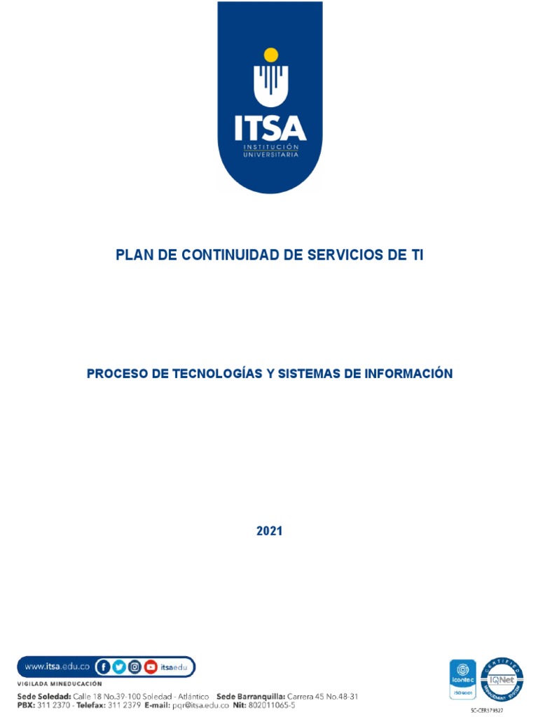 Plan de Continuidad de Servicios de TI ITSA v1 | PDF