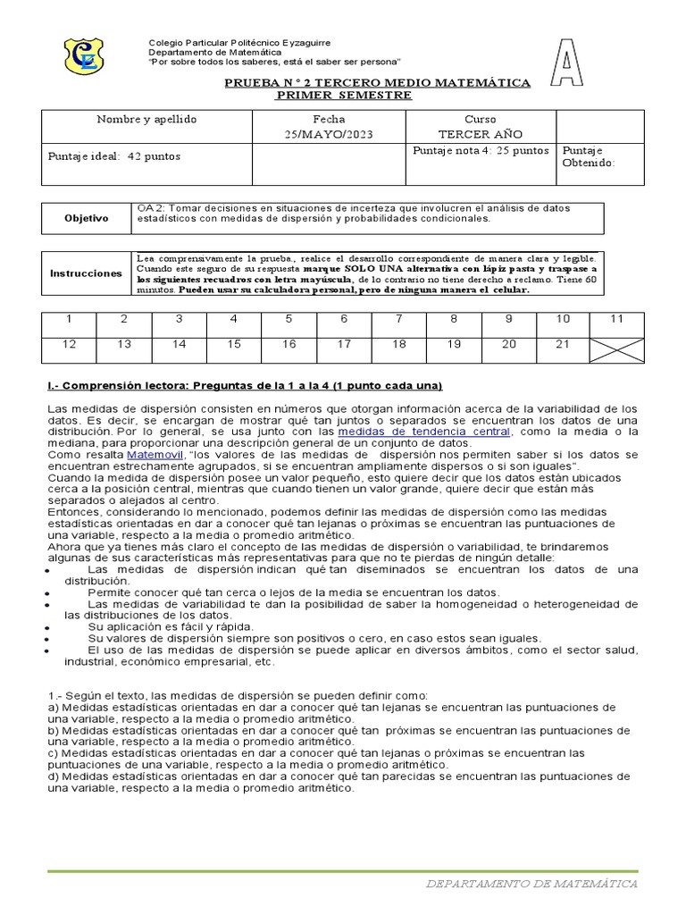Prueba N°2 - Tercero Medio | PDF | Crecimiento personal y profesional | Métodos y materiales de ...