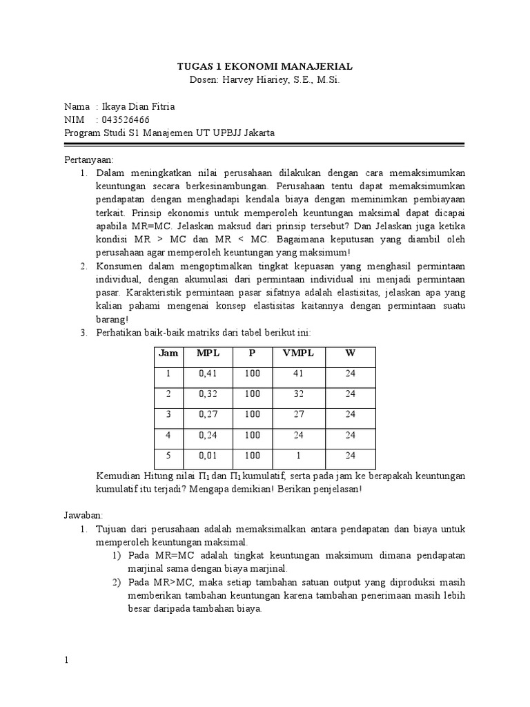 Tugas 1 Ekonomi Manajerial | PDF