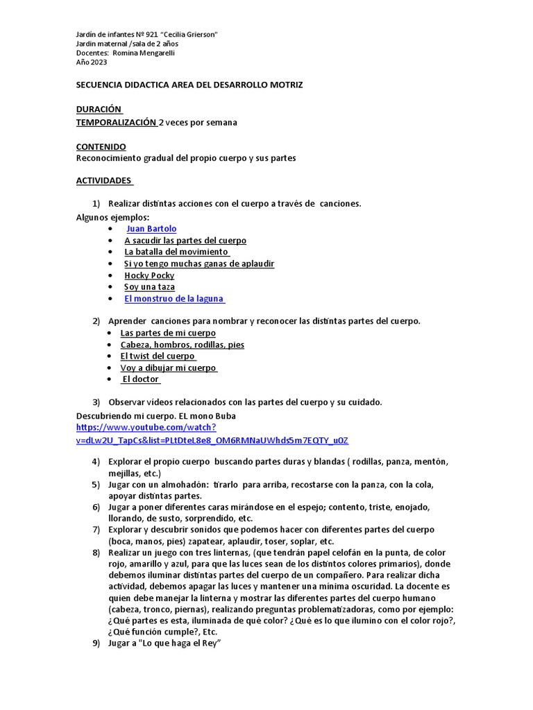 SECUENCIA DIDACTICA AREA DEL DESARROLLO MOTRIZ CUERPO.doc | PDF