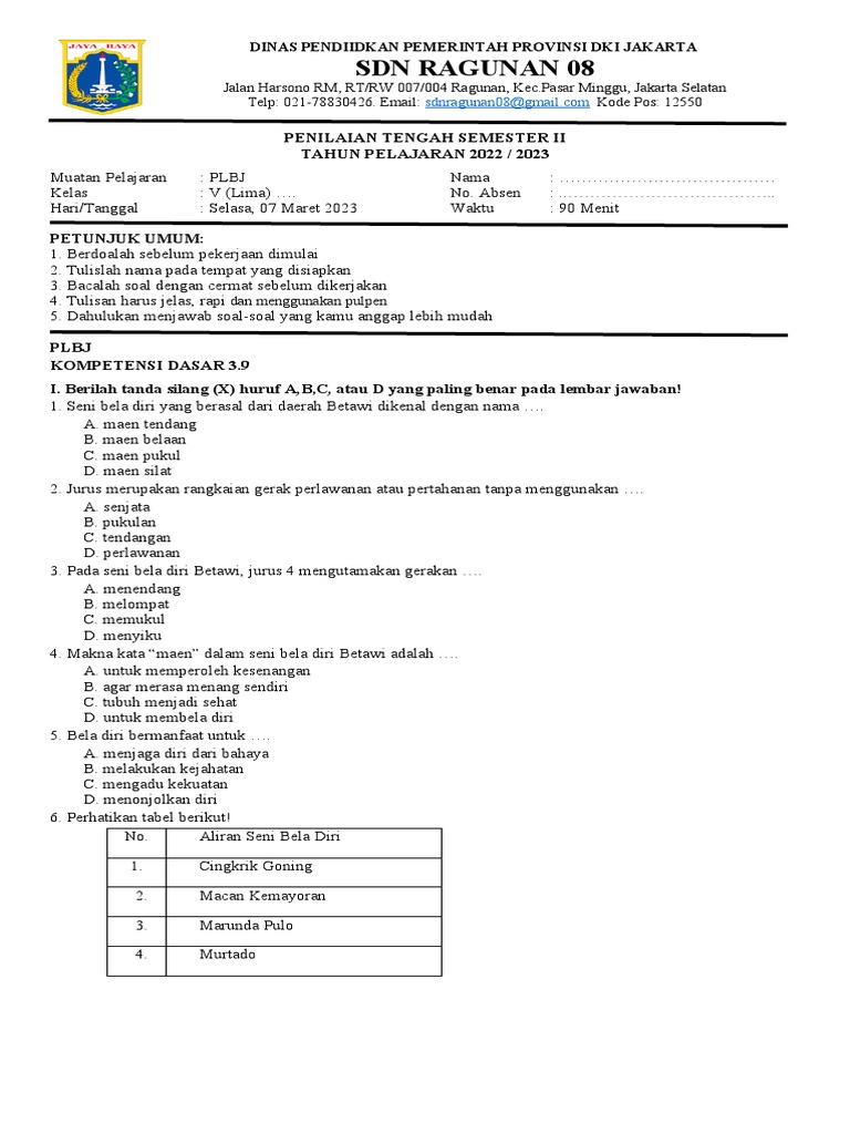 35 SOAL PTS PLBJ KELAS 5 SMT II Th. 2022-2023 SDN RAGUNAN 08 | PDF