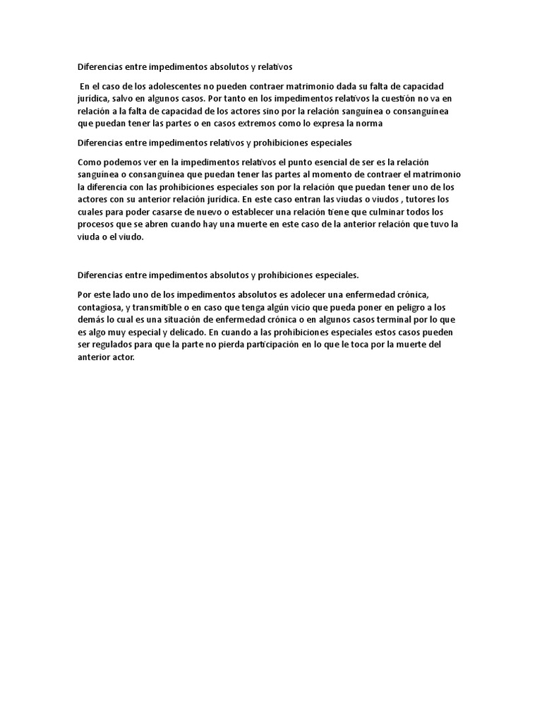 Diferencias Entre Impedimentos Absolutos, Relativos y Prohibiciones | PDF
