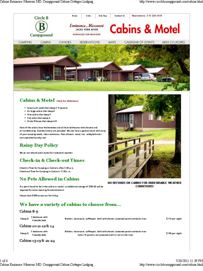 Eminence Missouri Campground Cabins | PDF | Campsite | Camping