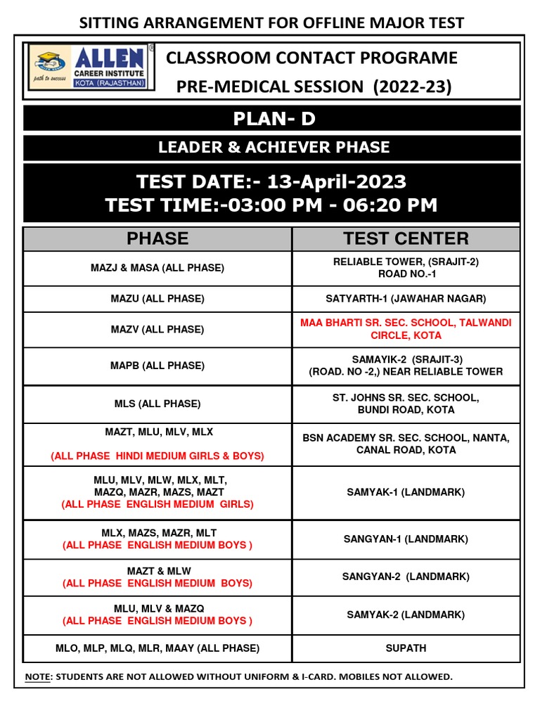Plan-D: Classroom Contact Programe PRE-MEDICAL SESSION (2022-23) | PDF