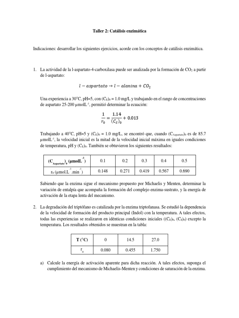 Taller 2. Catálisis Enzimática | PDF | Enzima | La cinética de enzimas