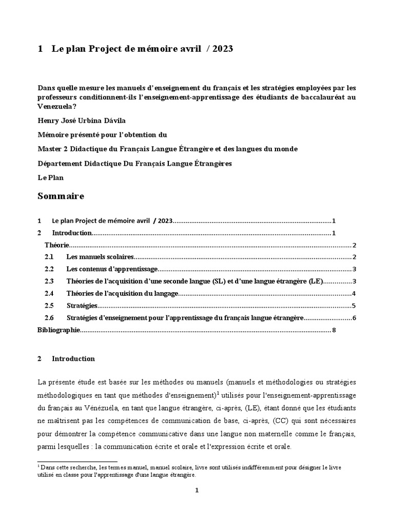Le Plan Project de Mémoire Avril 20-2023 Henry Urbina | PDF