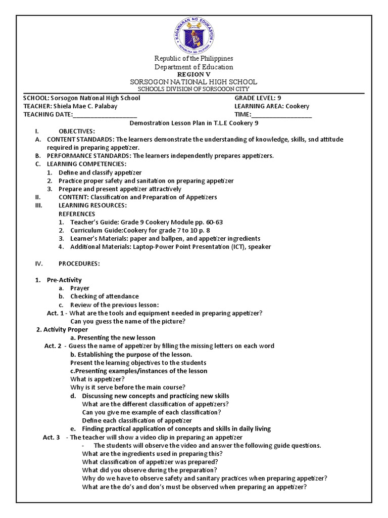 Grade 9 Cookery Lesson Plan: Appetizers | PDF