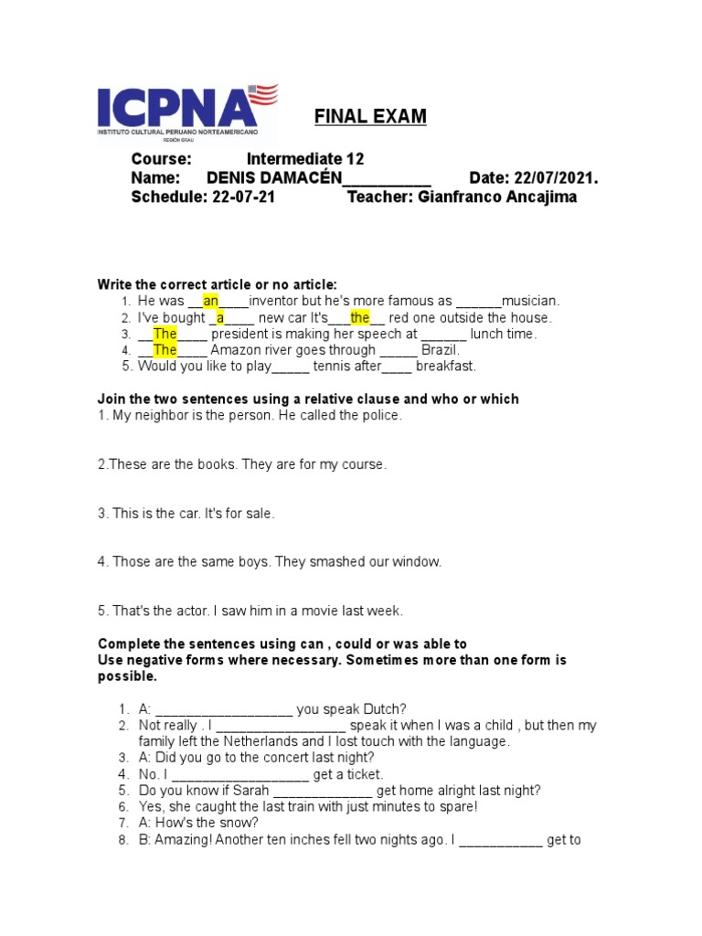 Intermediate 12 Final Exam Overview | PDF