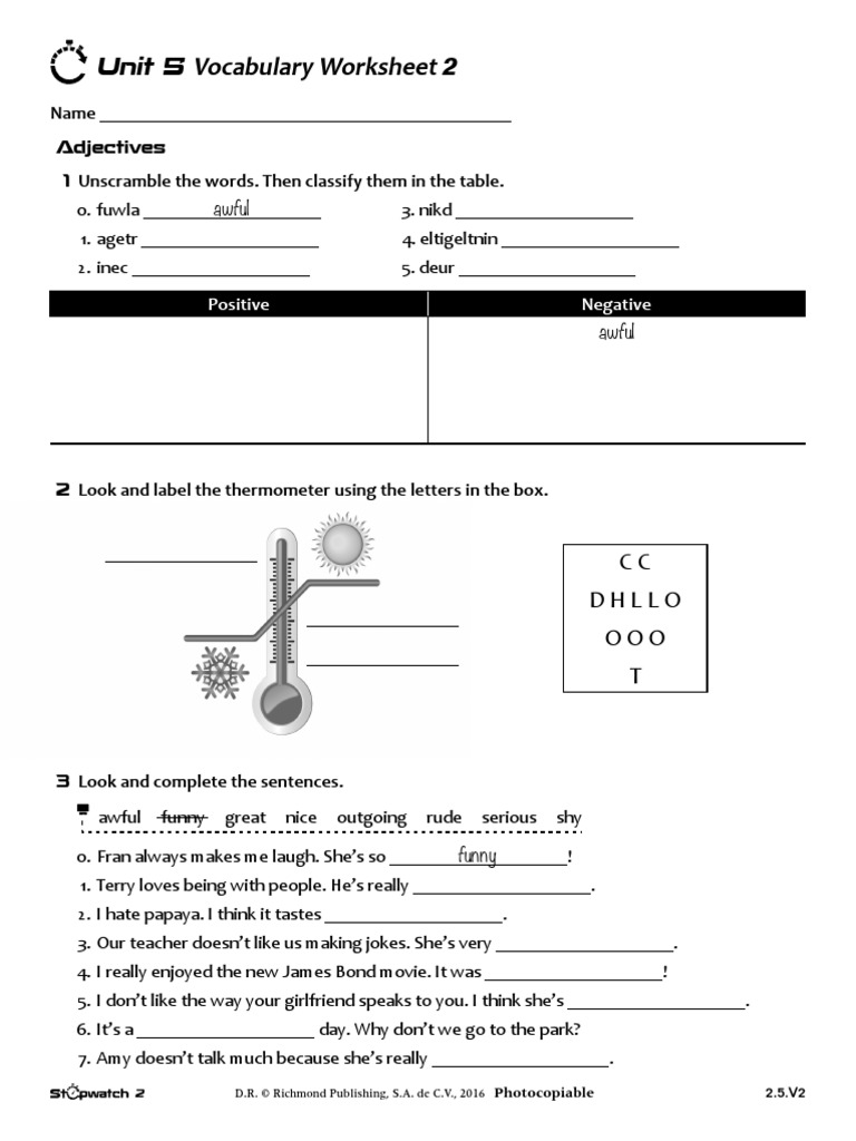 Stopwatch 2 Unit 5 Vocabulary 2 (2.5.V2) PDF | PDF