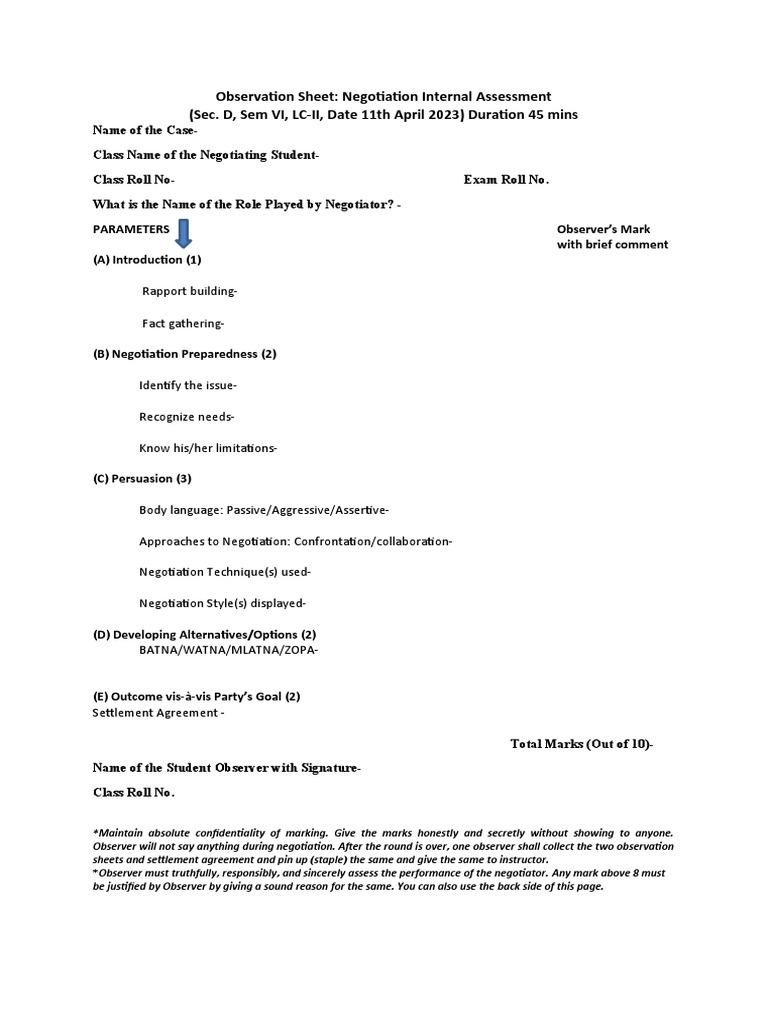 Observer Sheet - Negotiation 2023 - Sec D | PDF