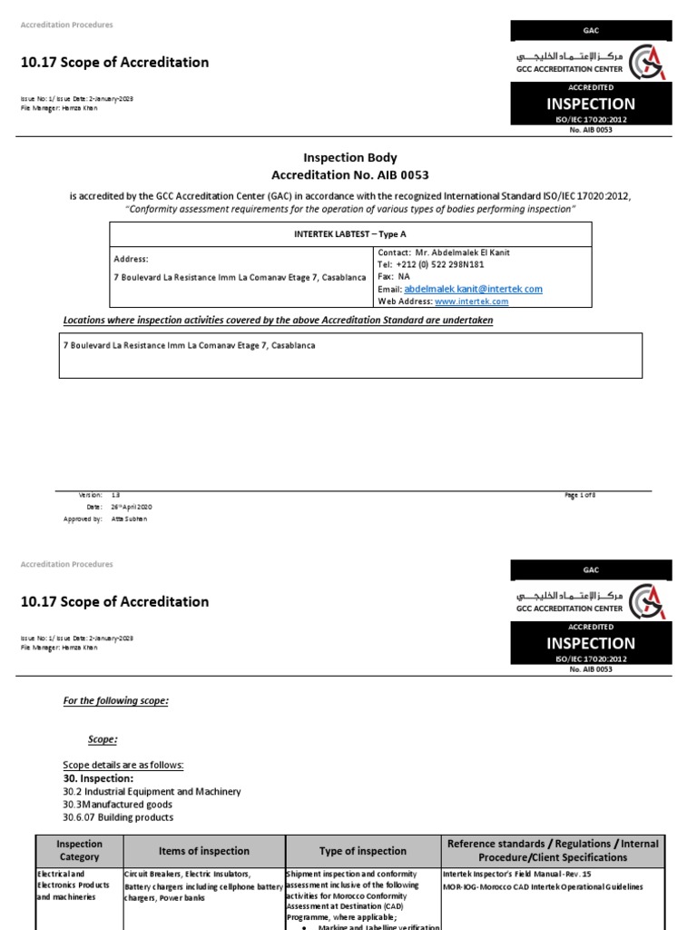 AC 10.17 Scope of Accreditation - v1.3 - Inspection | PDF