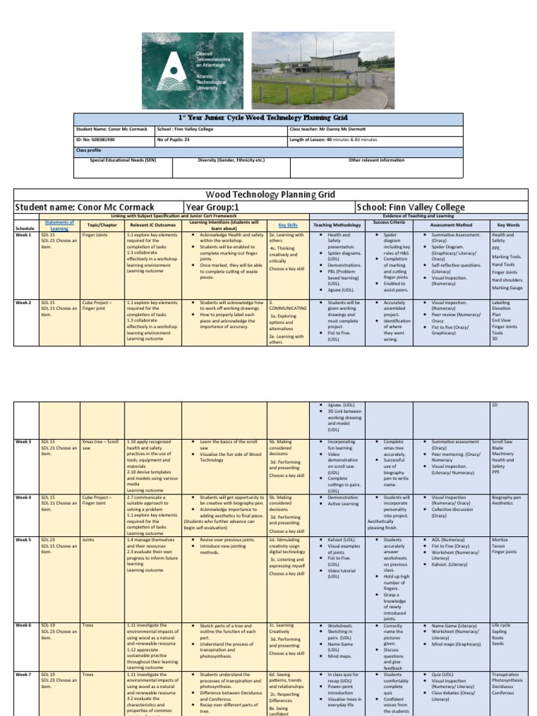 Planning Grid Junior Cycle 1st Yr Wood Technology | PDF
