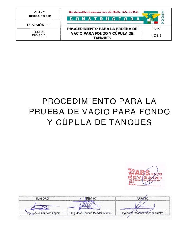Segsa-Pc-032 Procedimiento para Prueba de Vacio para Fondo y Cupula de ...