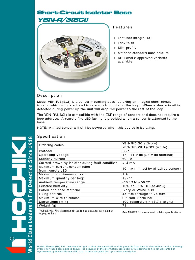 YBN-R3 (SCI) - Analog Base + Short Circuit Isolator Specification | PDF