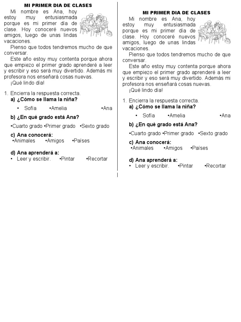 Mi primer día de clases en primer grado | PDF