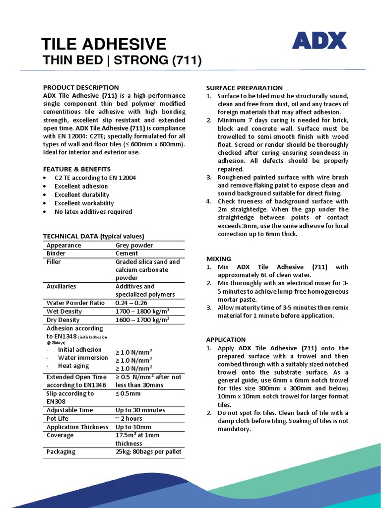 Tds - Tile Adhesive 711v1910 | PDF | Adhesive | Cement Tds - Tile Adhesive 711v1910 | PDF | Adhesive | Cement