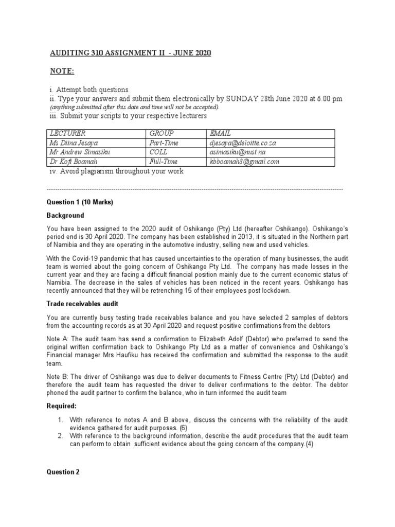 Auditing 310 Assignment II | PDF