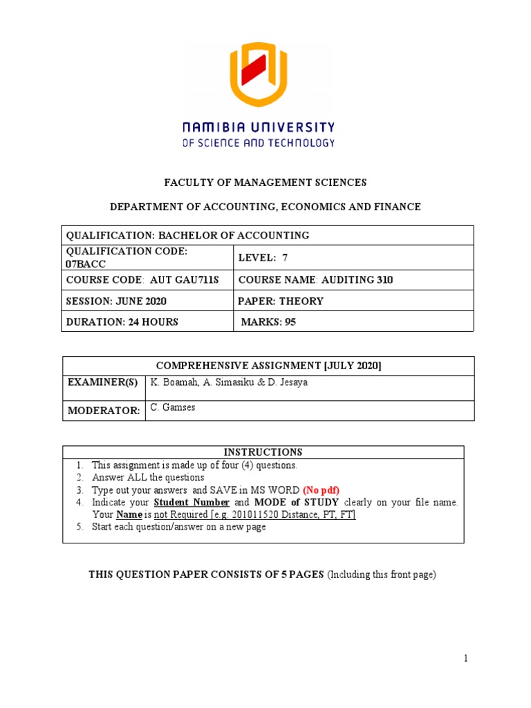Auditing 310 Comprehensive Assignment 2020 | PDF | Finance & Money ...