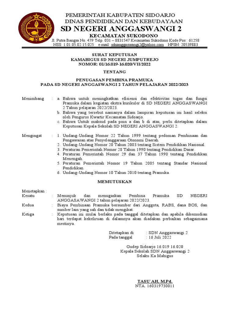 SK Pembina Ekstra Pramuka SDN Jumputrejo | PDF