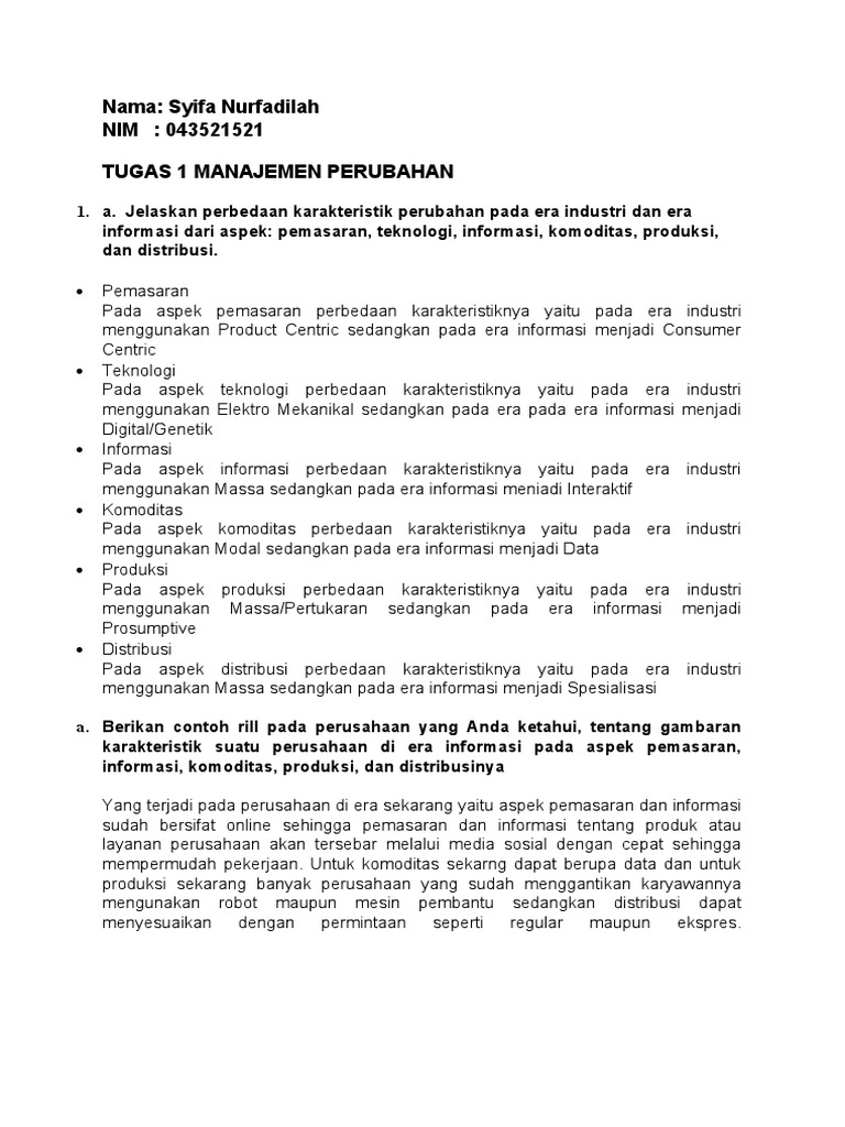 Tugas 1 Manajemen Perubahan | PDF | Karier & Perkembangan | Bisnis