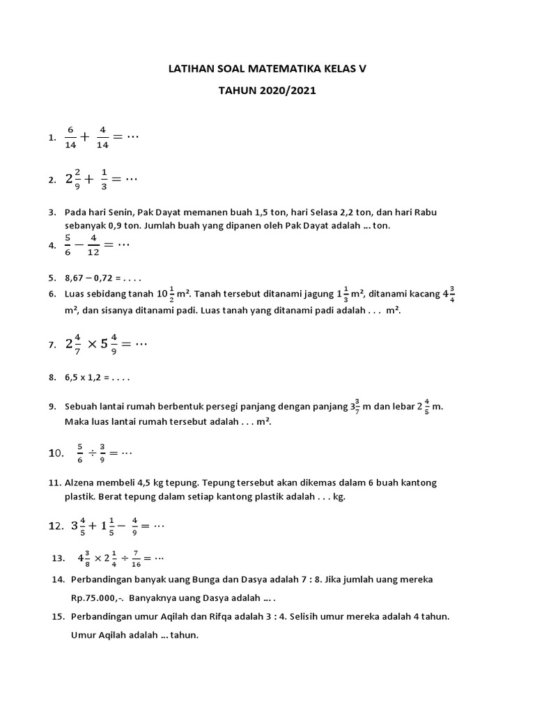 Latihan Soal Matematika Kelas V PDF | PDF