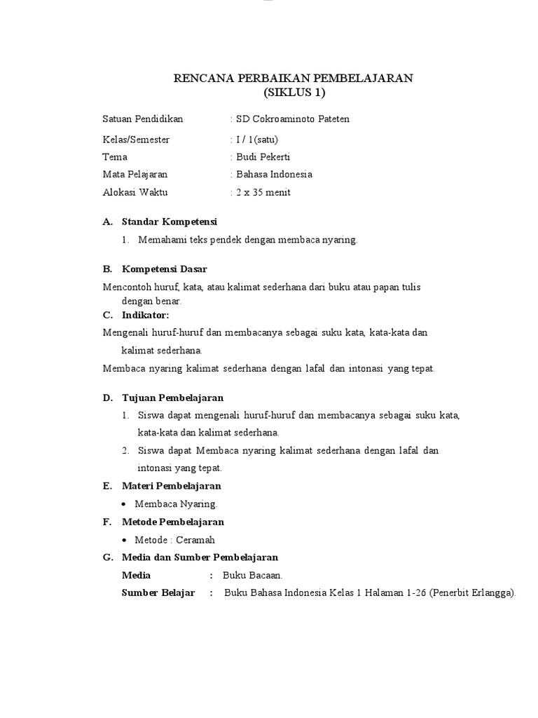 Rencana Perbaikan Pembelajaran Siklus 1 | PDF