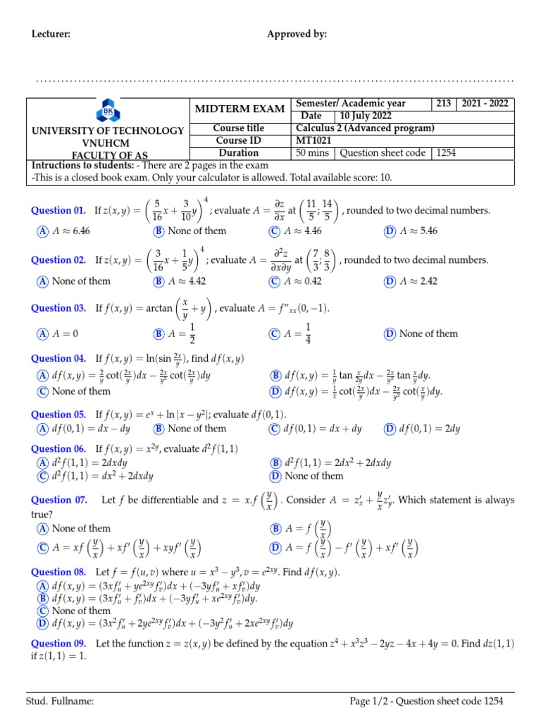 De Thi Library Cal2 Midterm | PDF