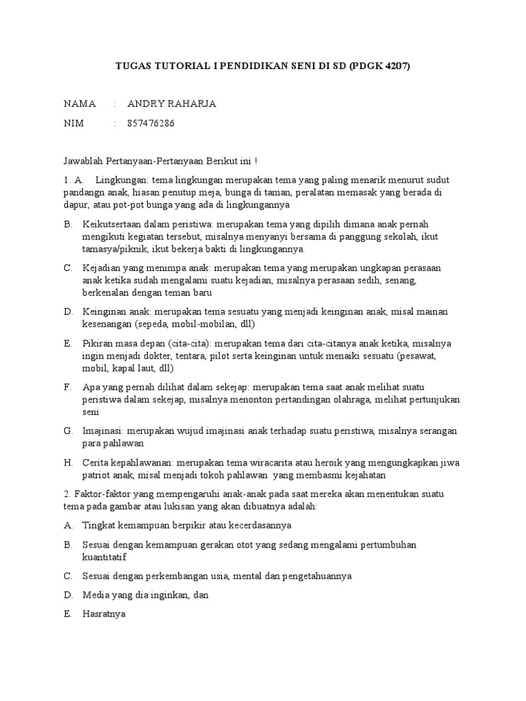 TUGAS TUTORIAL I PENDIDIKAN SENI DI SD Andry Raharja | PDF