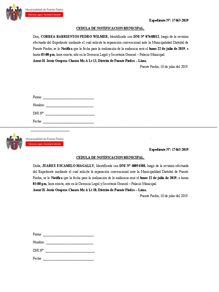Cedula de Notificacion 17463 | PDF